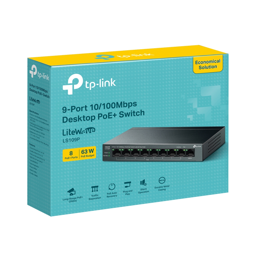 TP-Link LS109P 9-Port 10/100Mbps Desktop Switch with 8-Port PoE+, 63 W ...